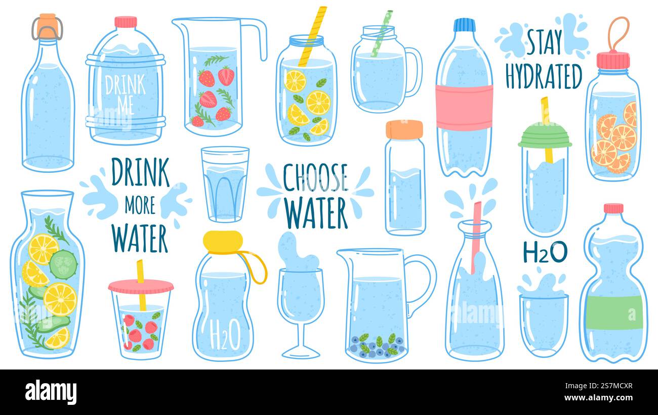 Cartoon water bottles. Detox drinks with lemon and cucumber. Sports and ...