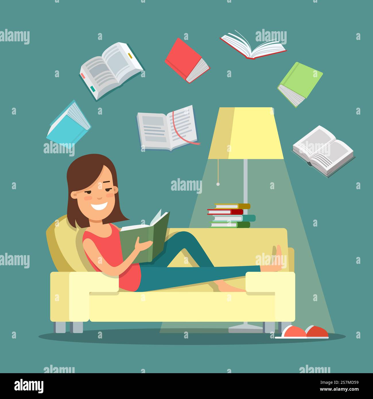 Flat style young woman leisure reading books relax at home interior ...