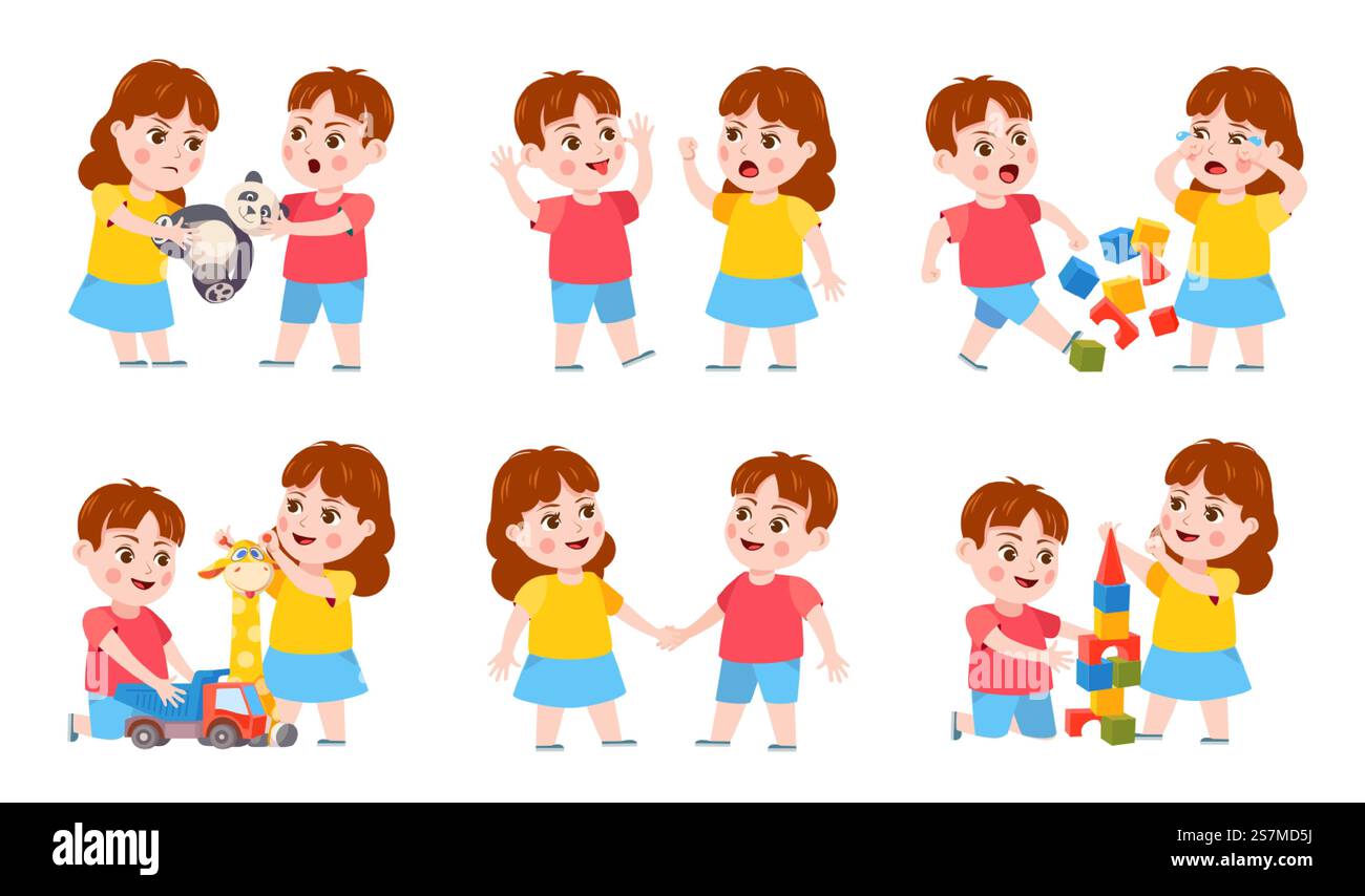 Brother and sister fight. Cartoon siblings angry, quarrel and cry. Kids ...