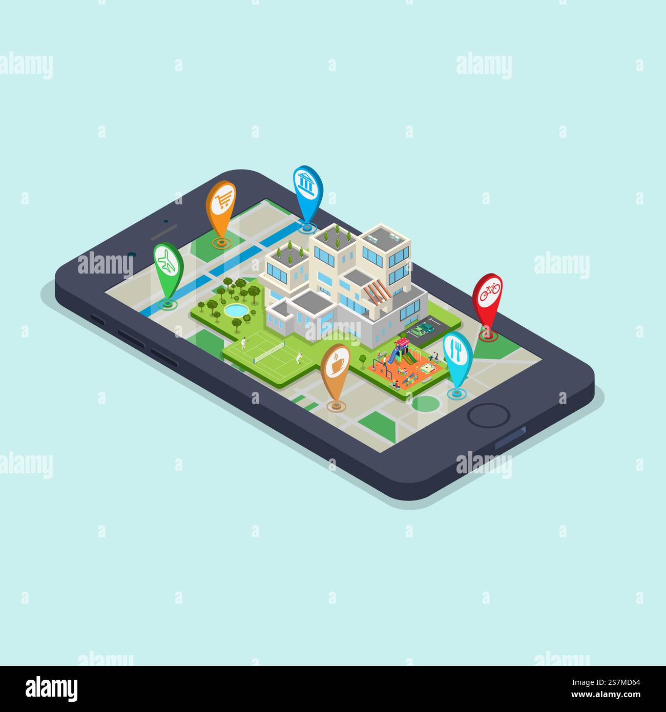Flat isometric buildings on smartphone screen. GEO location marks ...