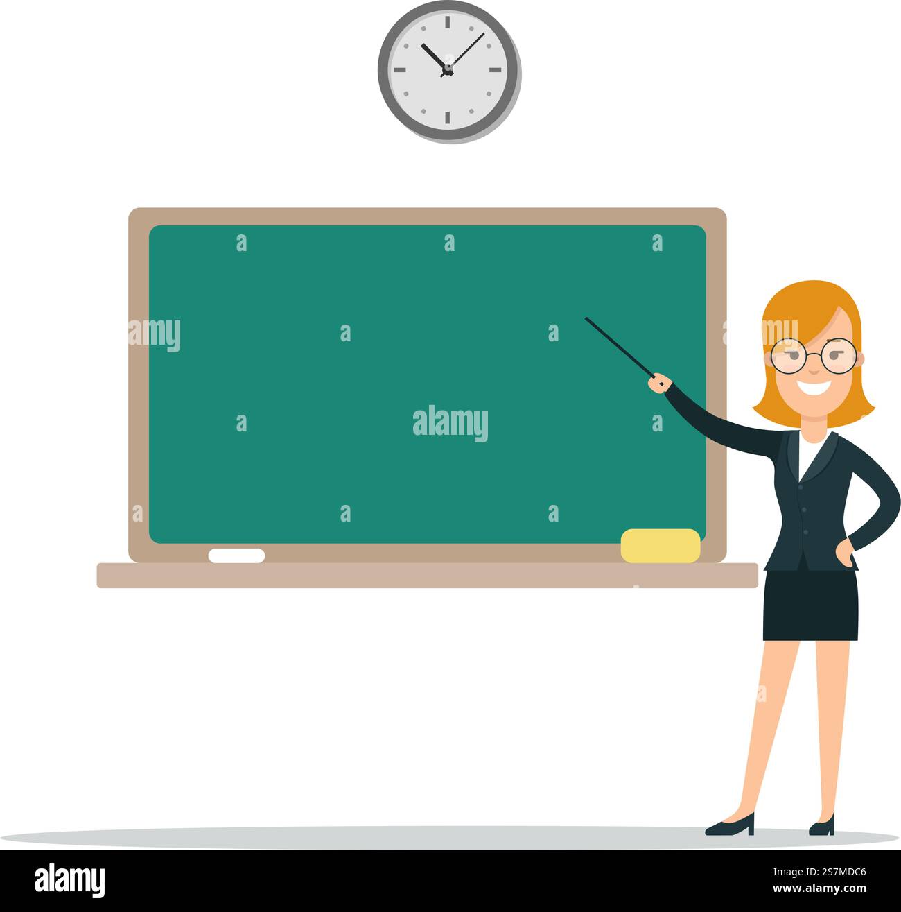 Flat young smiley female school teacher speaker showing on board vector illustration. Education ...