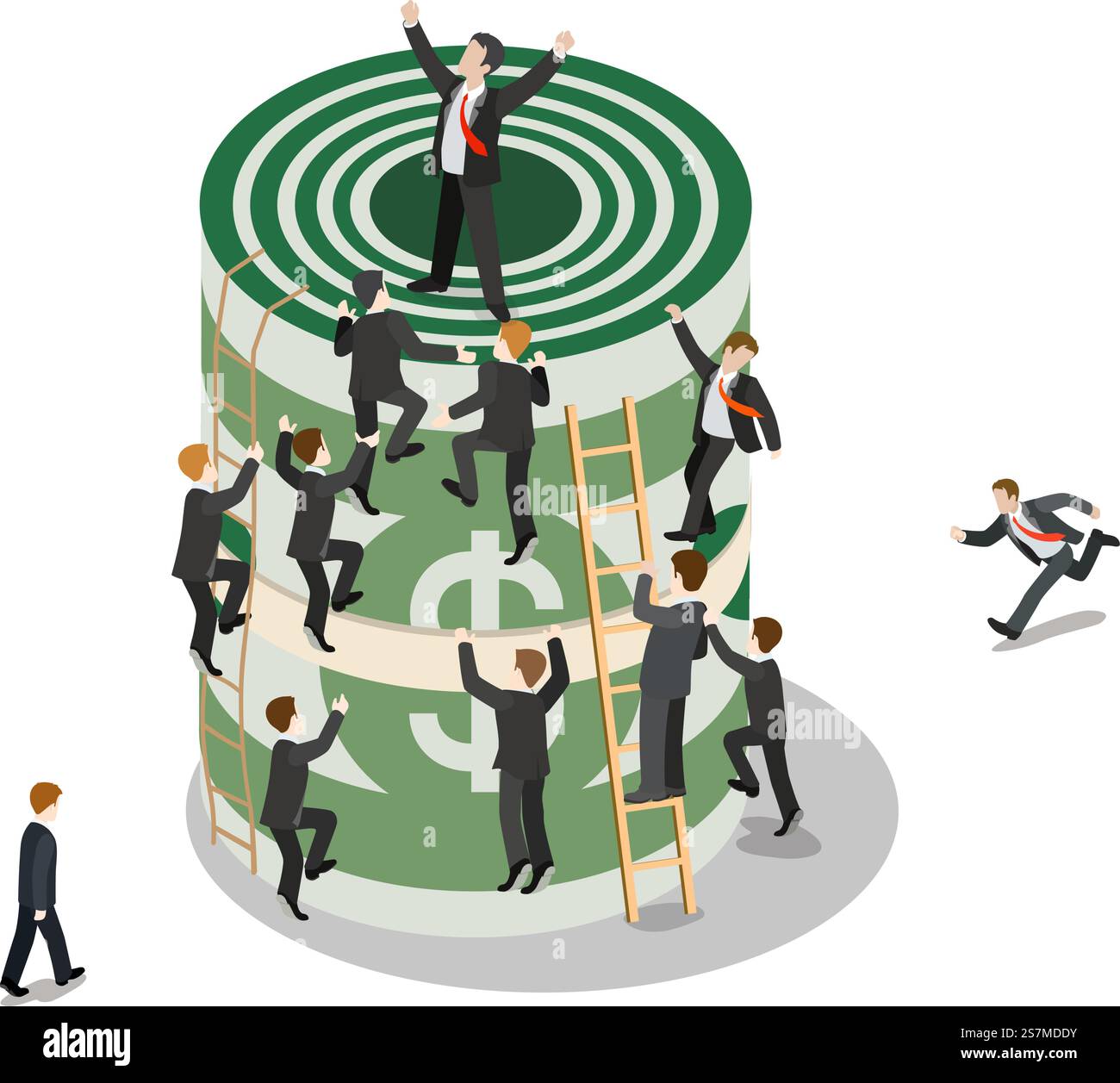 Flat isometric crowd of mini businessman climbing huge dollar money ...