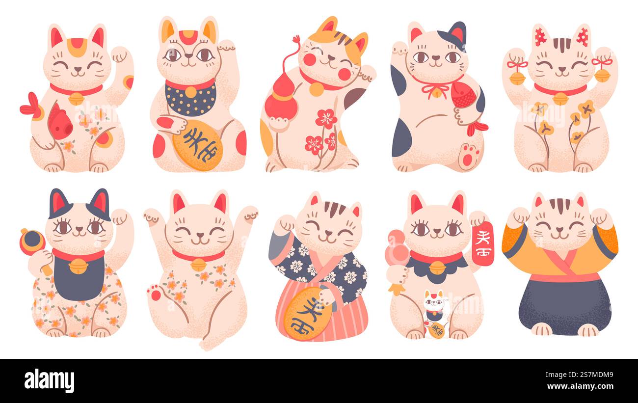 Japanese lucky cats. Cartoon maneki neko toy in traditional clothes, holding fish, bells and ...