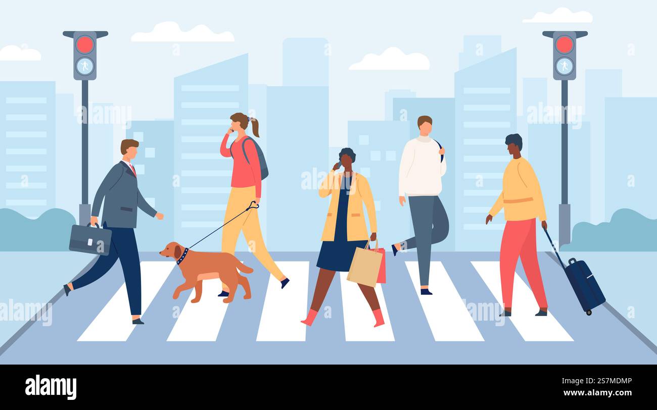 People on crosswalk. Men and women crossing city road with traffic ...