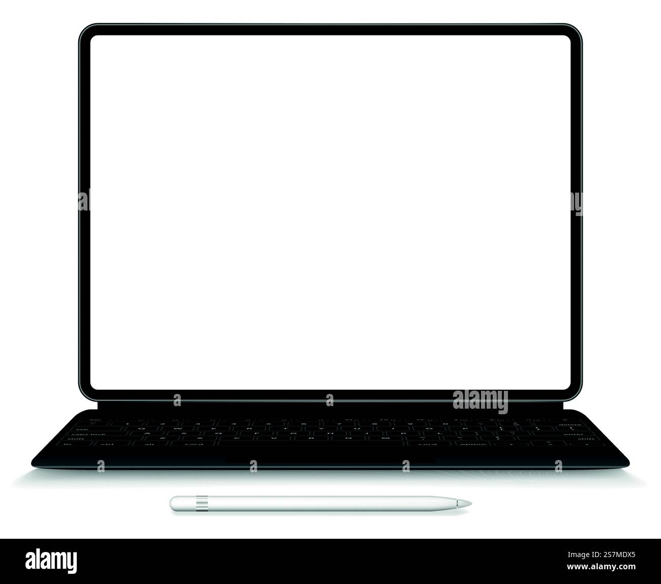 Modern tablet computer stand with blank screen isolated on white ...