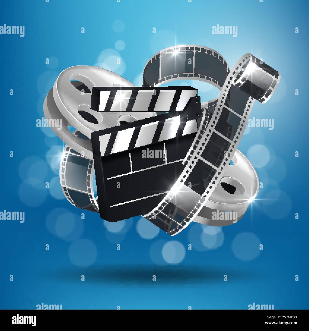 Cinema blue background with 3d realistic objects popcorn, tape, tickets ...