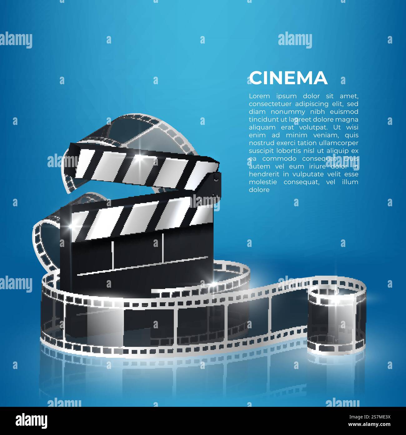 Cinema film strip wave, film reel and clapper board isolated on blue ...