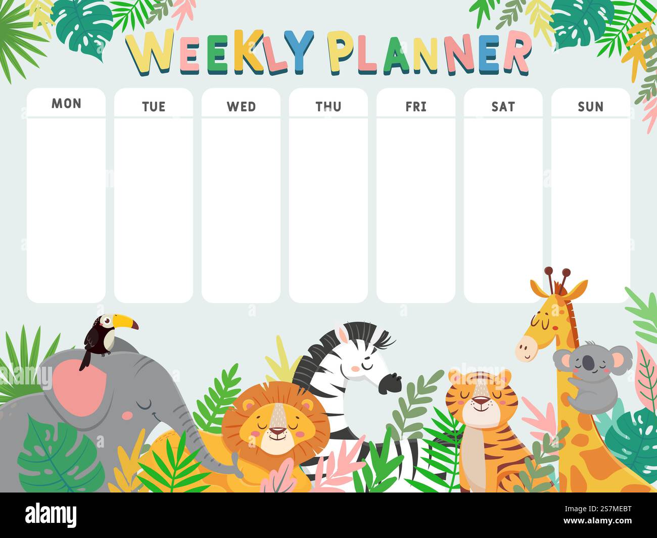 Weekly planner for kid. Child schedule for week with tropical jungle ...