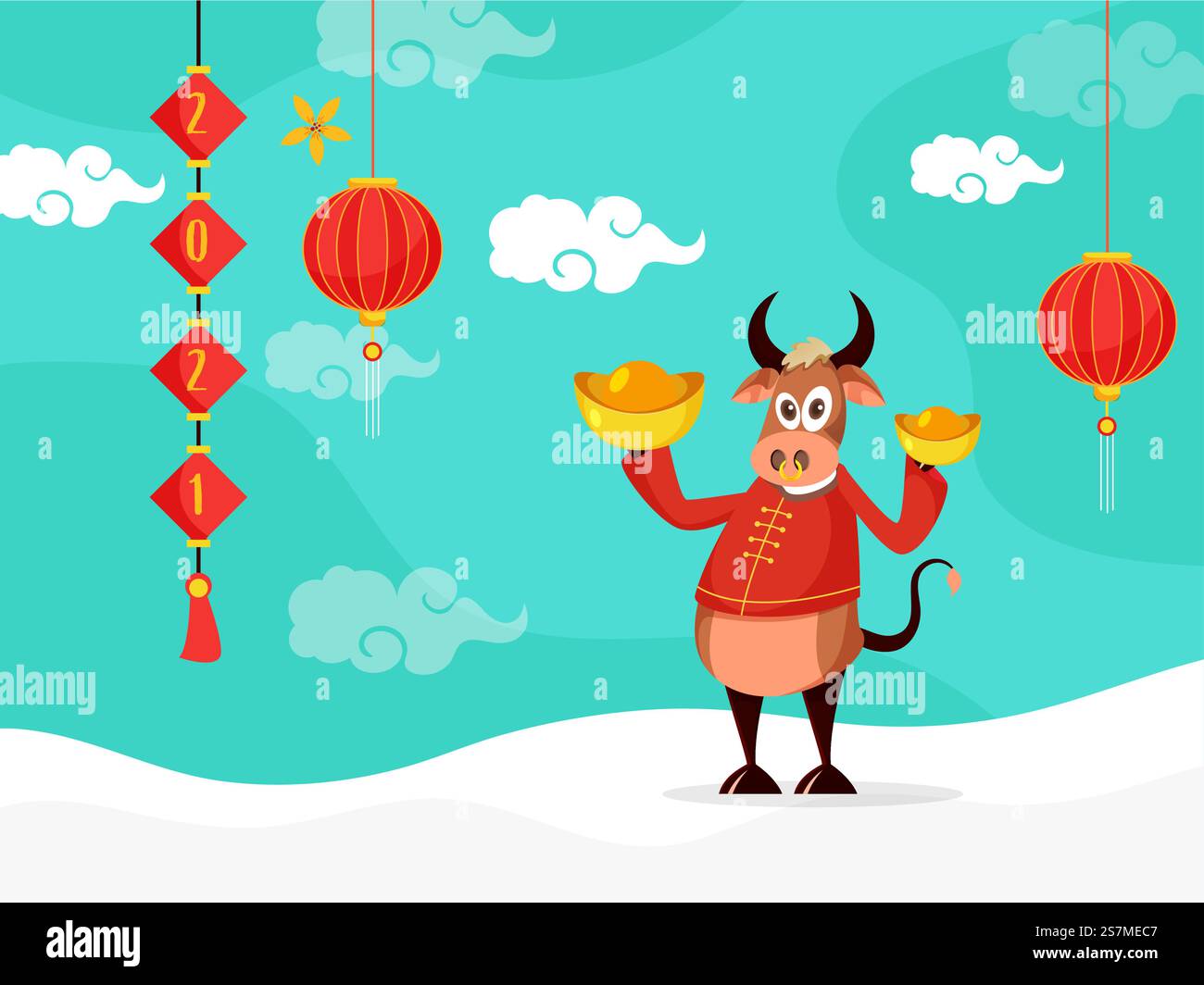 Cartoon Character Of Ox Holding Ingots With 2021 Number, Lanterns Hang ...