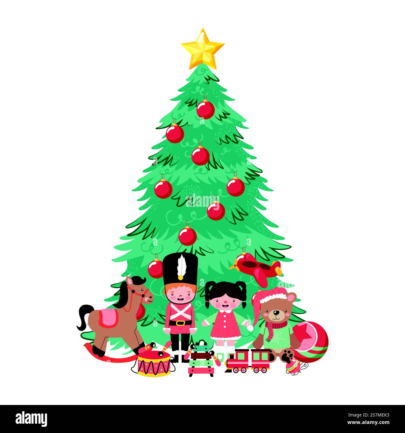 christmas tree and toys cartoons with dolls and musical instruments ...
