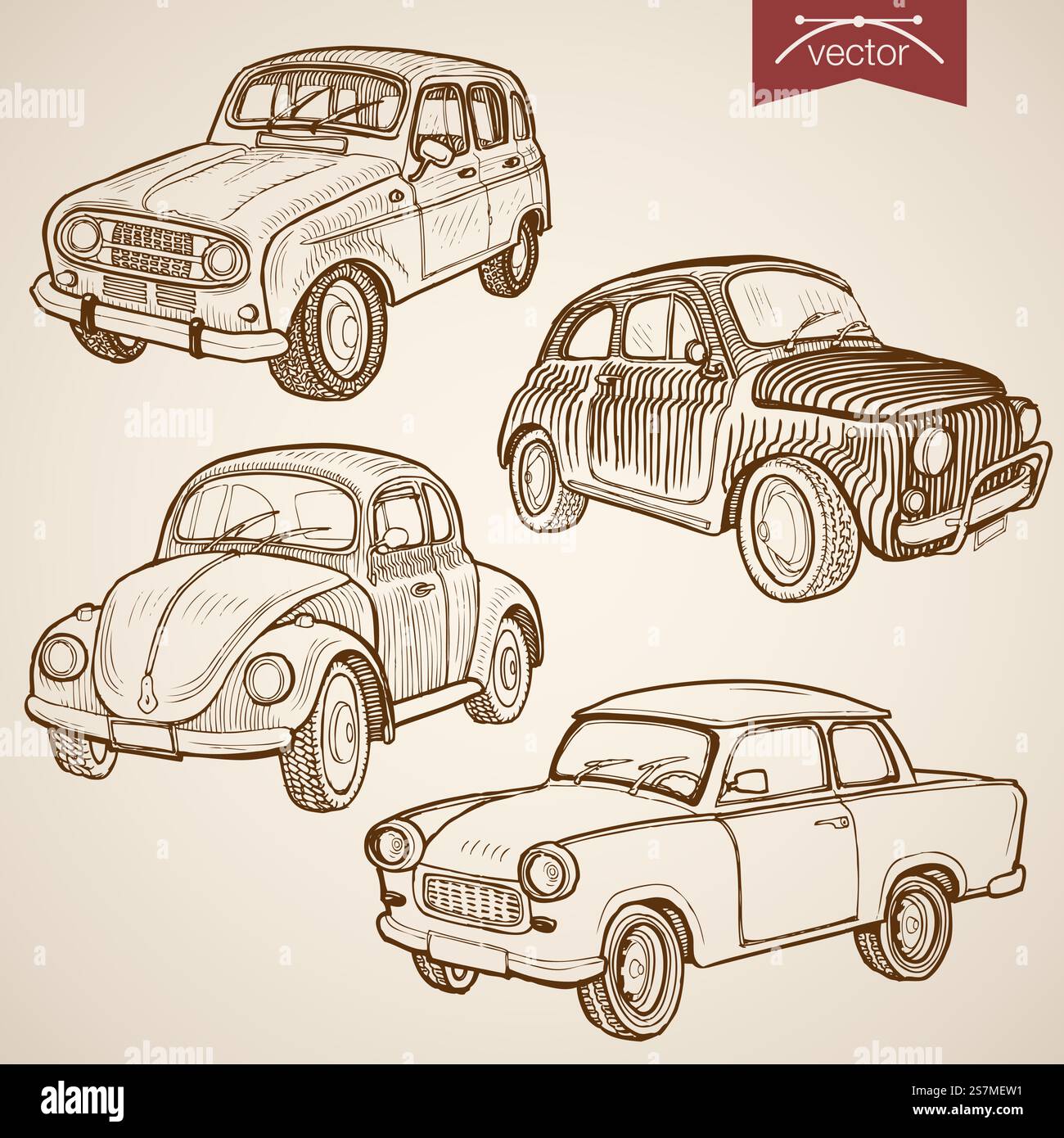 Engraving vintage hand drawn vector retro car collection. Pencil Sketch ...