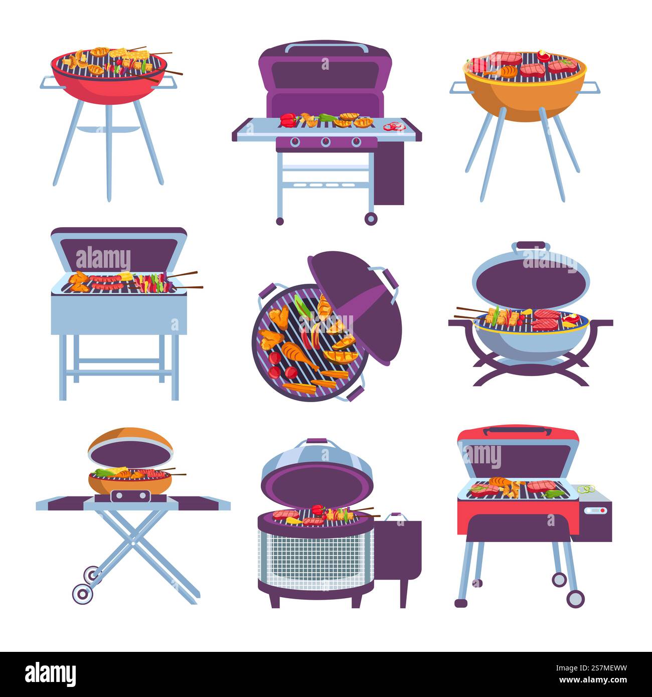 Cartoon barbeque grills. Bbq oven with fry food meat, vegetables ...