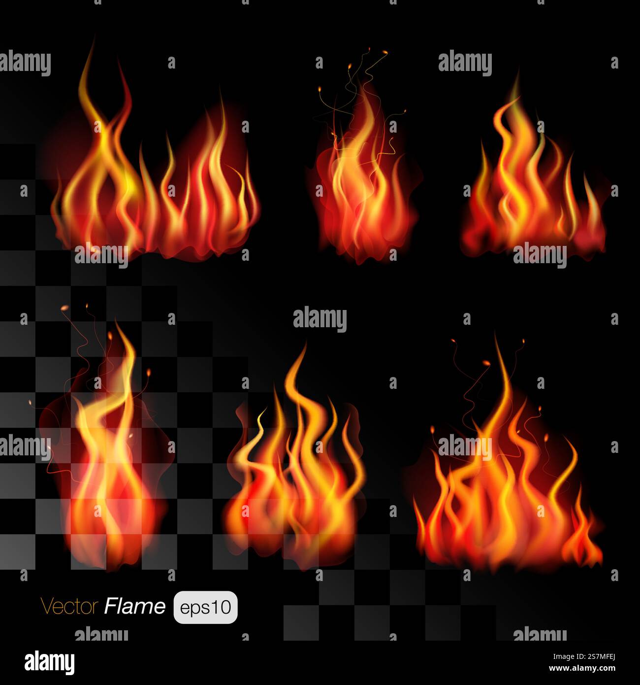 Realistic fire flames on transparent background vector illustration set ...