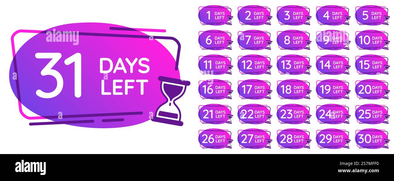 Days left badges. Day numbers countdown clock, hourglass counter ...