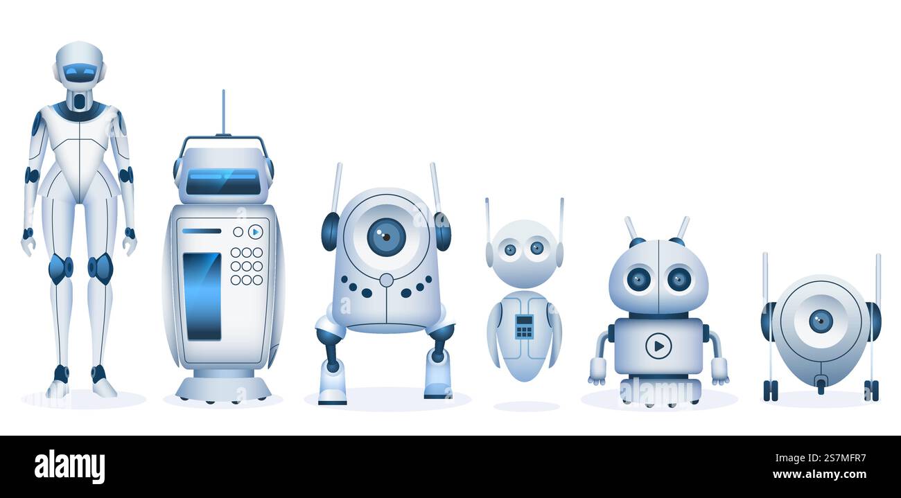 Cartoon robot. Futuristic droids and machine with artificial ...