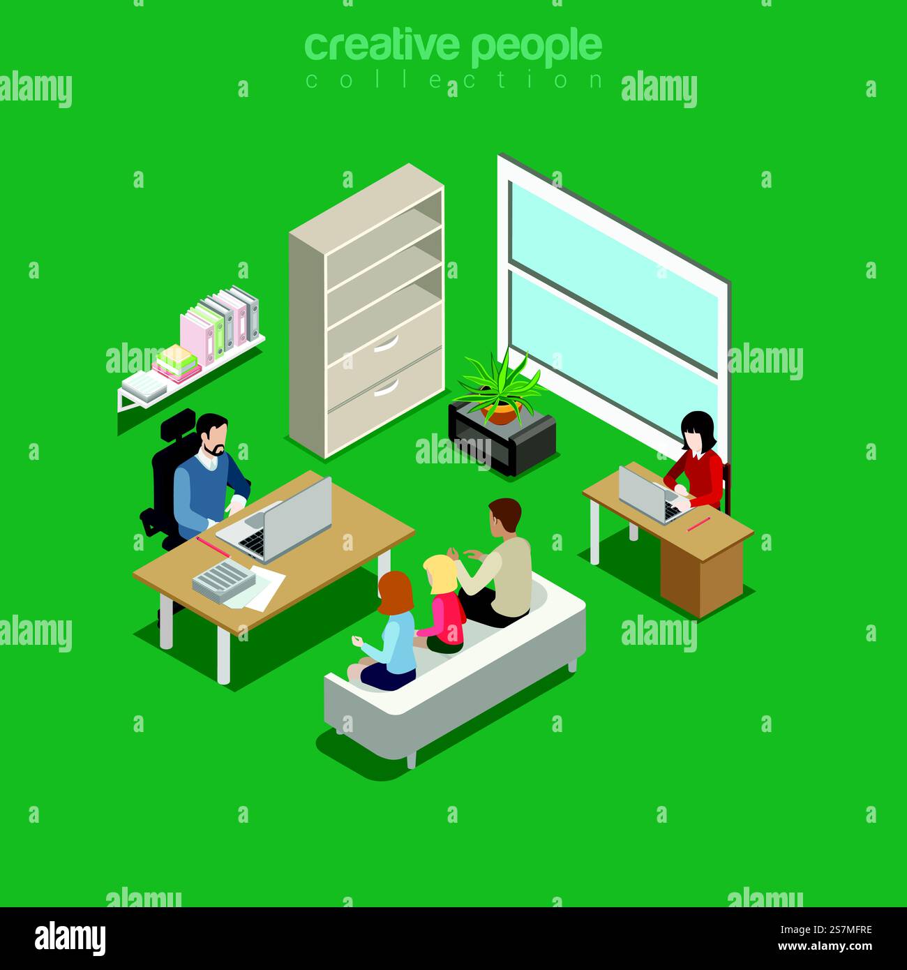 Flat isometric intra-office meeting session in boss office interior ...
