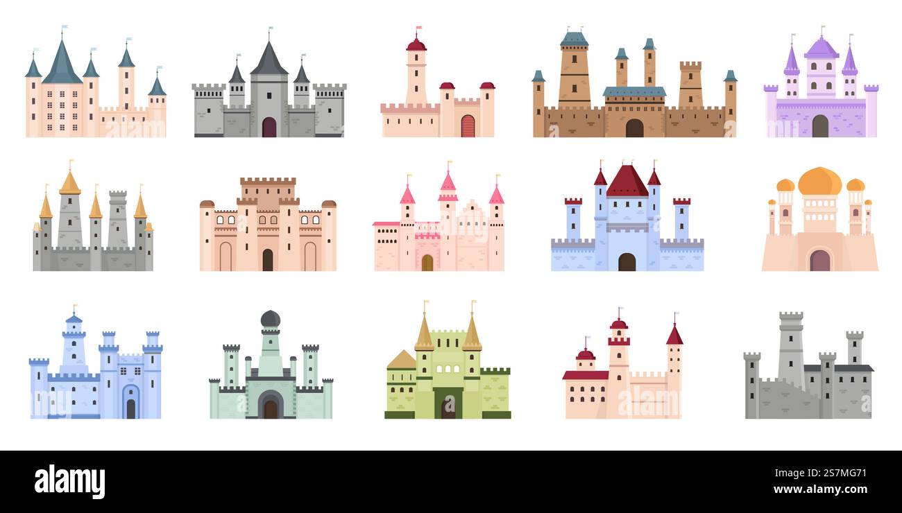 Medieval castles. Fairytale buildings, fortress and royal palaces. Flat ancient gothic ...