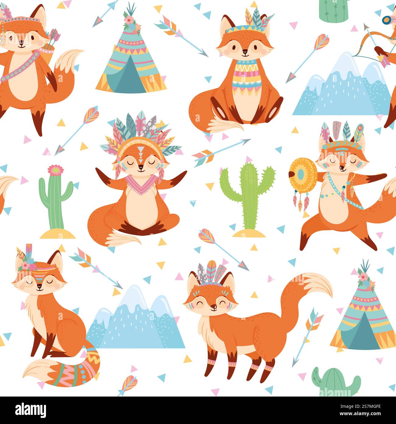 Seamless tribal fox pattern. Cute foxes in Indian feather warbonnet ...