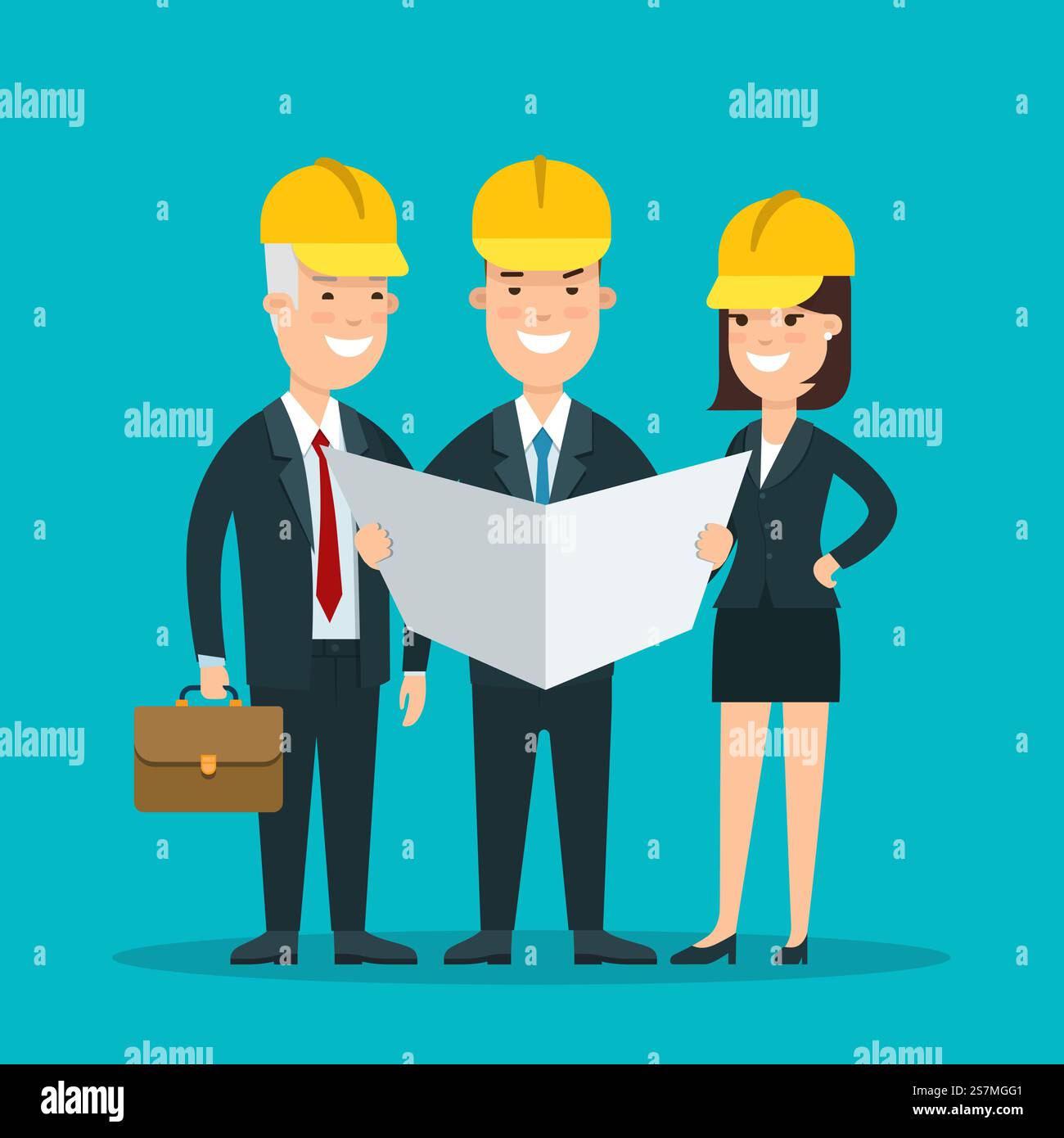 Flat smiley businesspeople in helmets studying project document vector ...