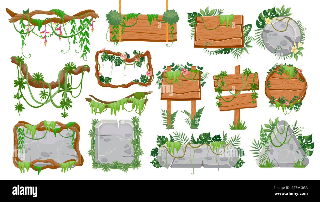 Jungle wooden and stone signs. Tropical game ui elements, signboards, panels, frames, borders ...