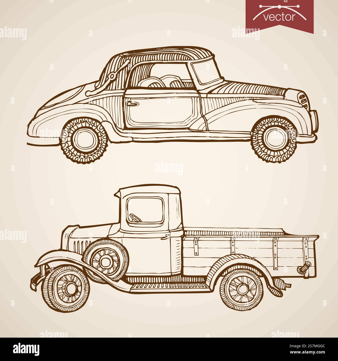 Engraving vintage hand drawn vector retro car collection. Pencil Sketch ...