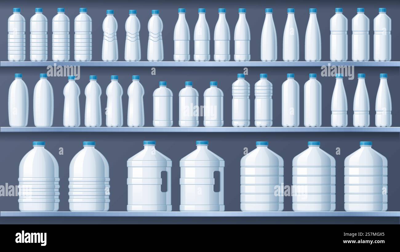 Plastic bottles on shelves. Bottled distilled water shelf, liquid ...