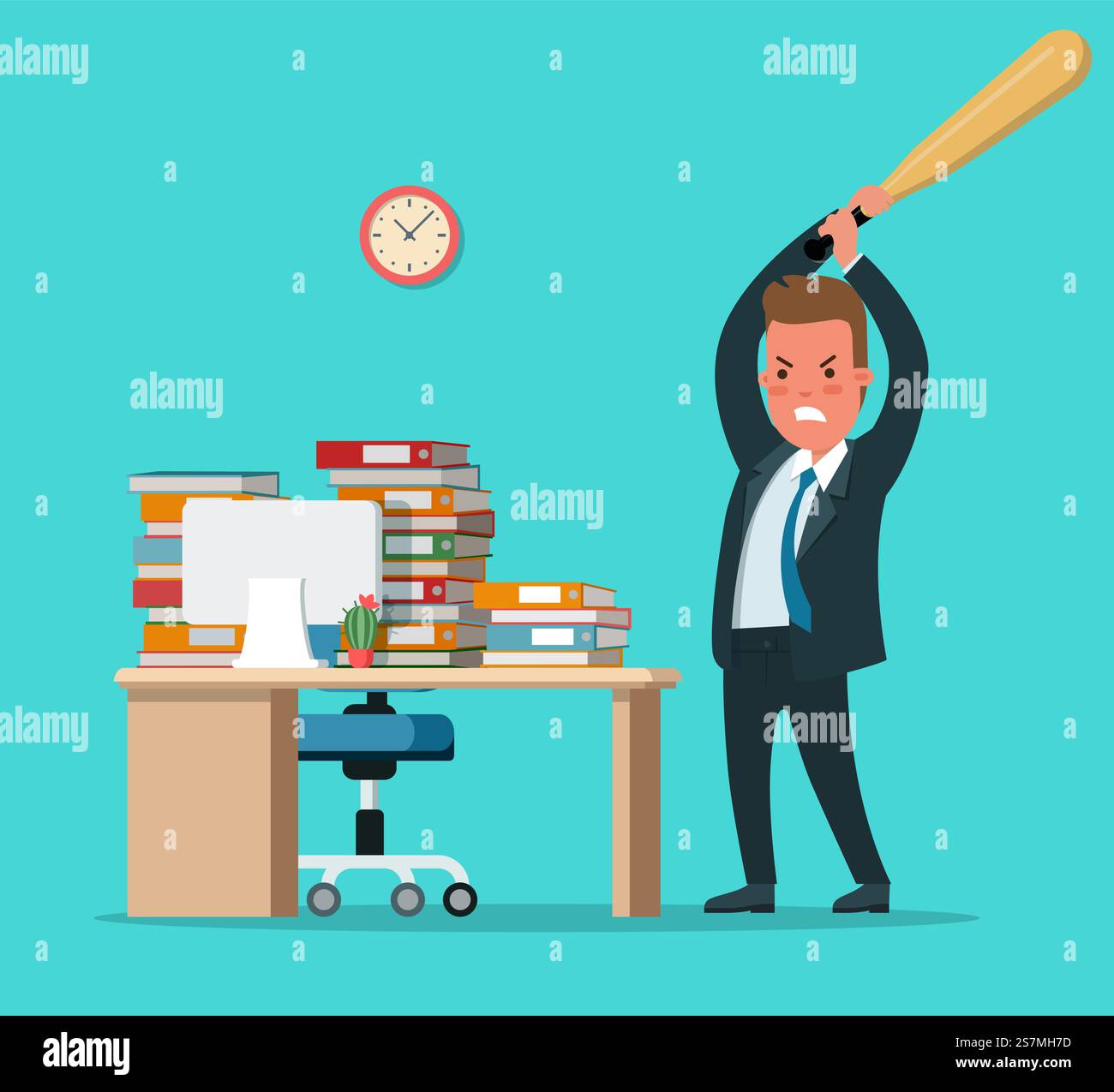 Flat style angry businessman crashing workplace with baseball bat ...