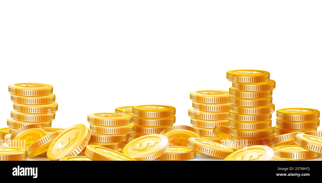 Golden coins stacks. Lots money, finance business profits and wealth gold coin pile. Dollar ...