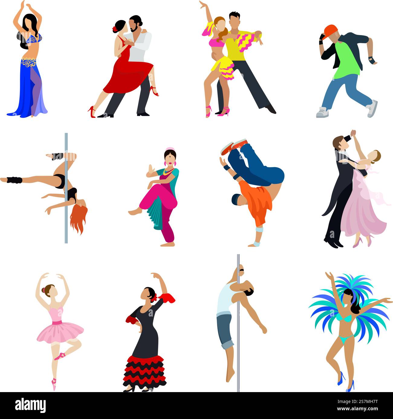 Flat style dancing dancer people icon set. Young male female arts human collection. Belly dance ...