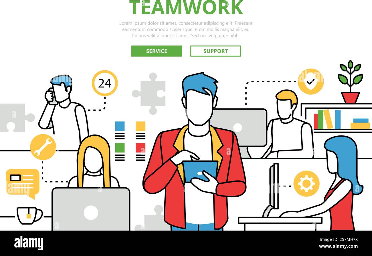 Teamwork concept flat line art vector icons. Modern website ...