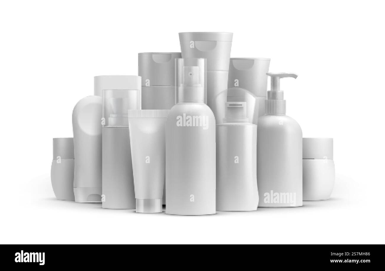 Cosmetic line product bottle and tube packages mockup. Cream, spray ...