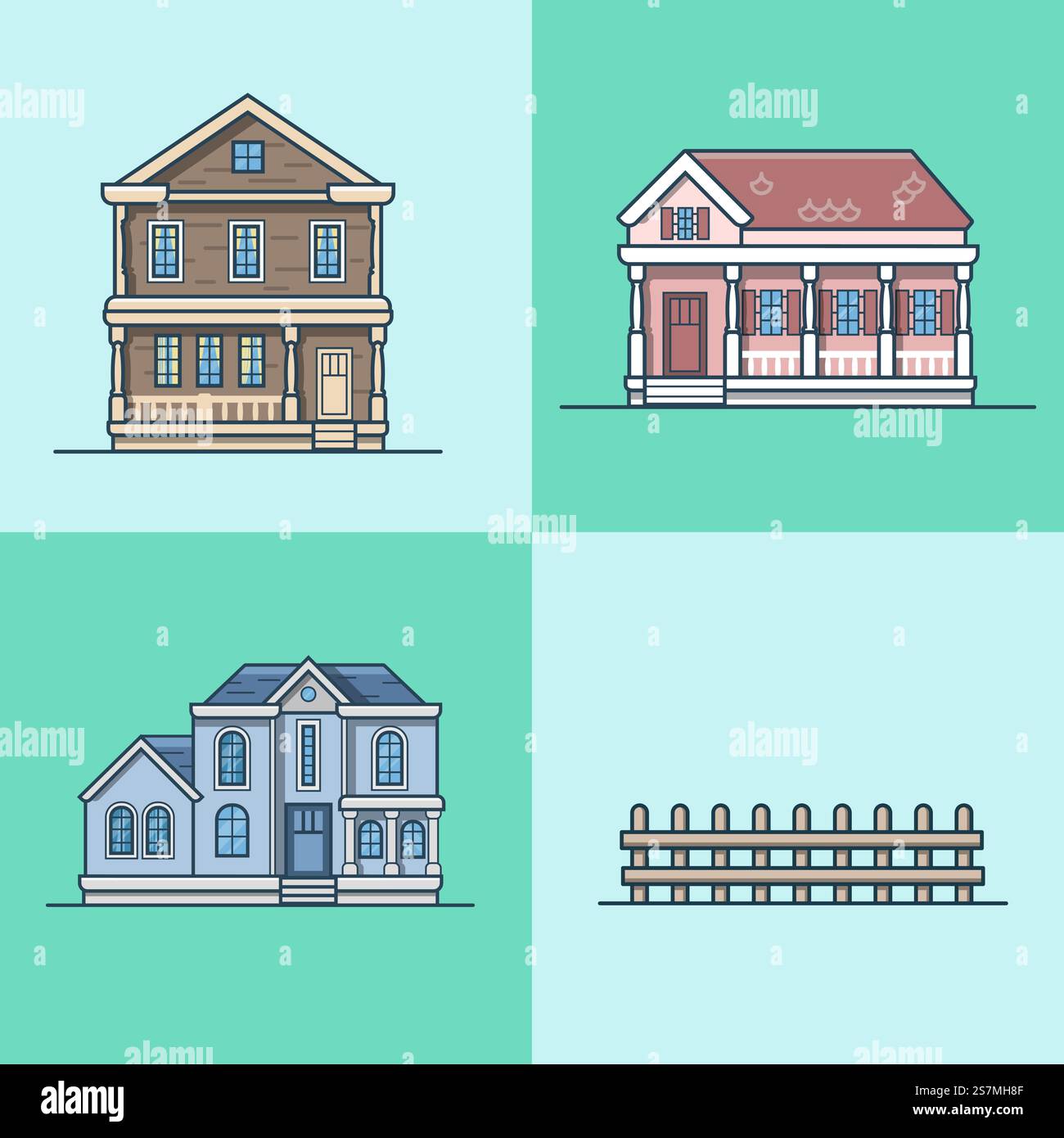 City town house architecture object building set. Linear stroke outline ...