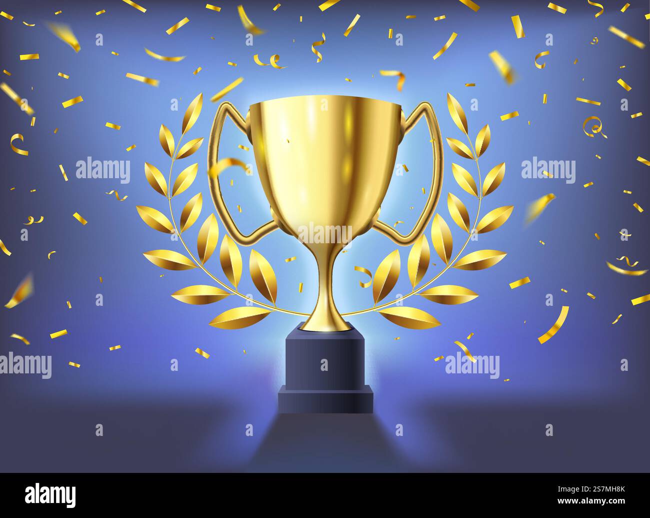 Realistic golden cup. Winners trophy celebration with flying confetti ...