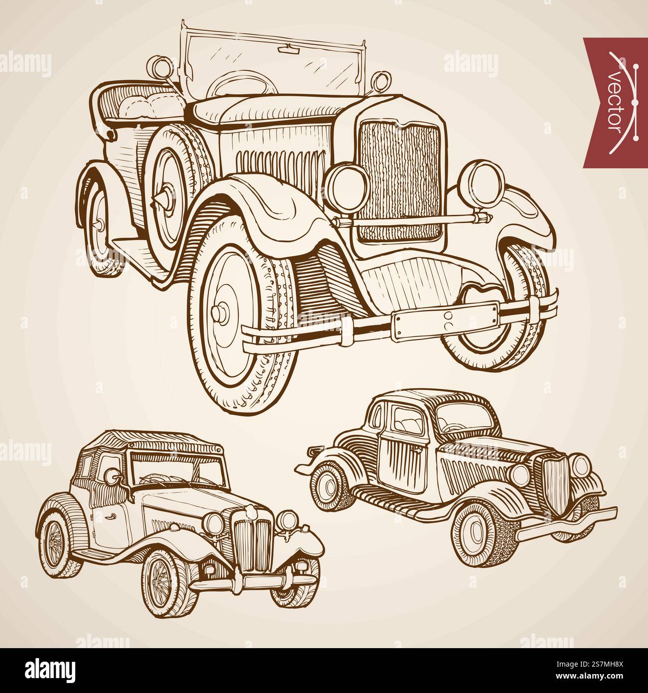 Engraving vintage hand drawn vector retro car collection. Pencil Sketch ...