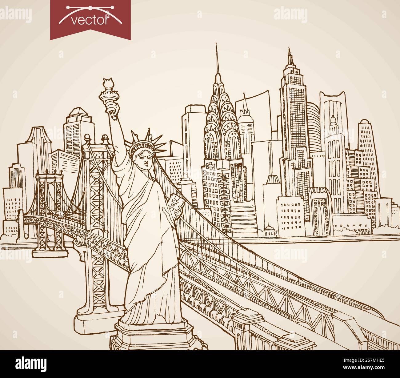 Engraving vintage hand drawn vector New York sights and landmarks ...