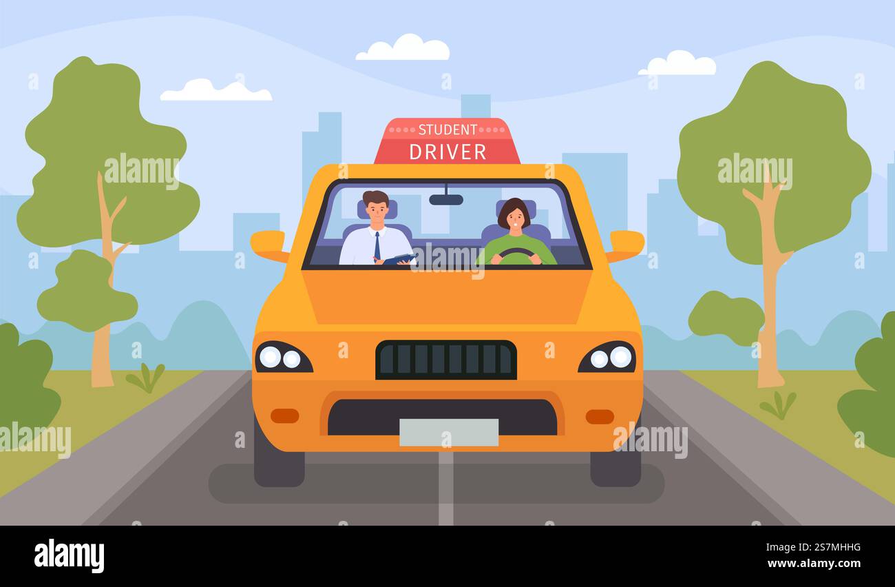 Driving school lesson. Cartoon instructor and female student drive car ...