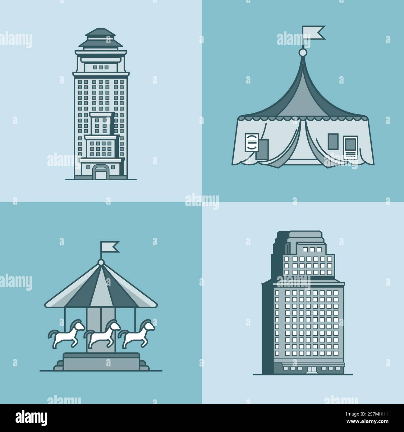 City town skyscraper house attractions park circus carousel ...