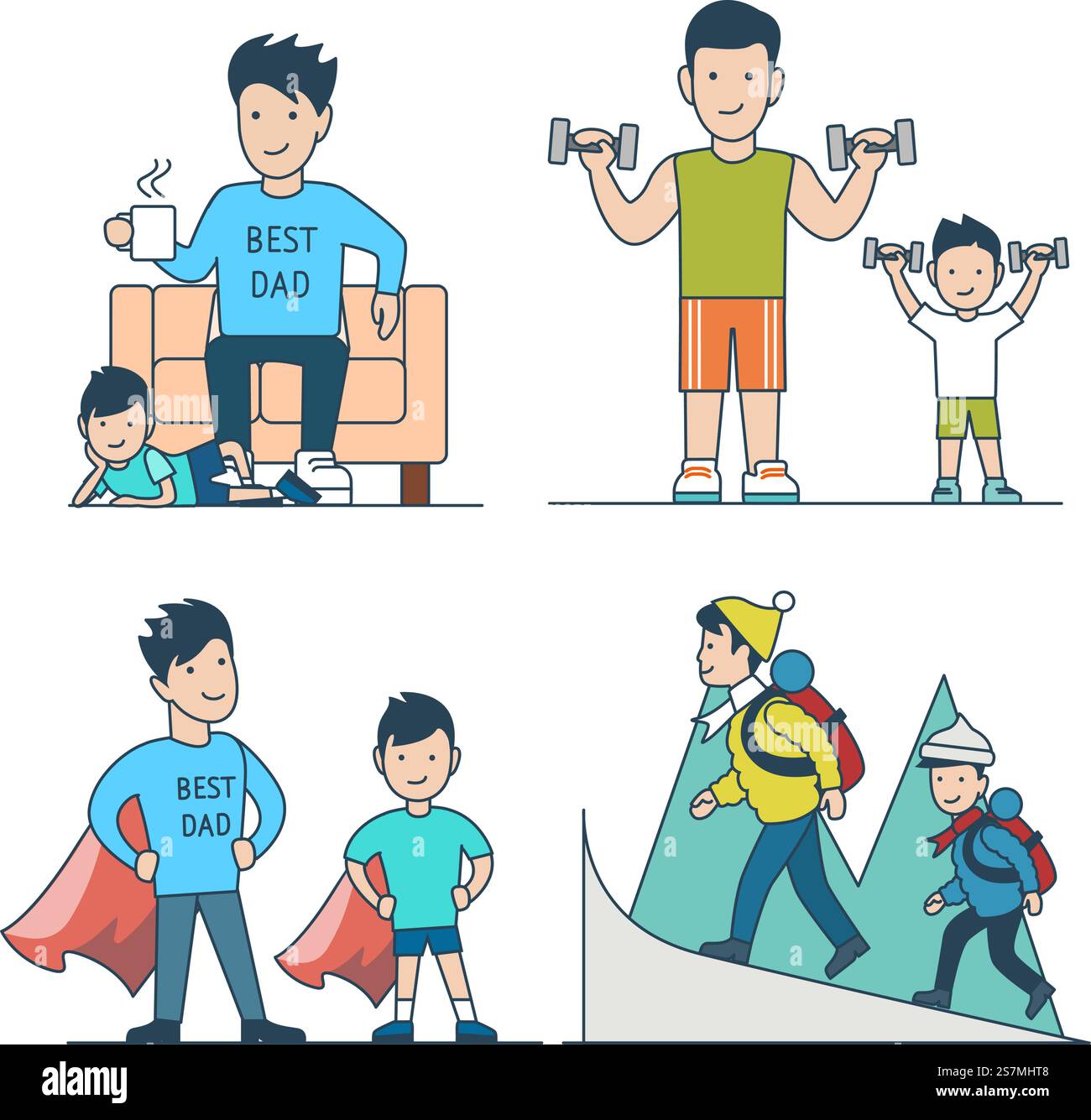 Linear Flat parent father with children son vector illustration set ...