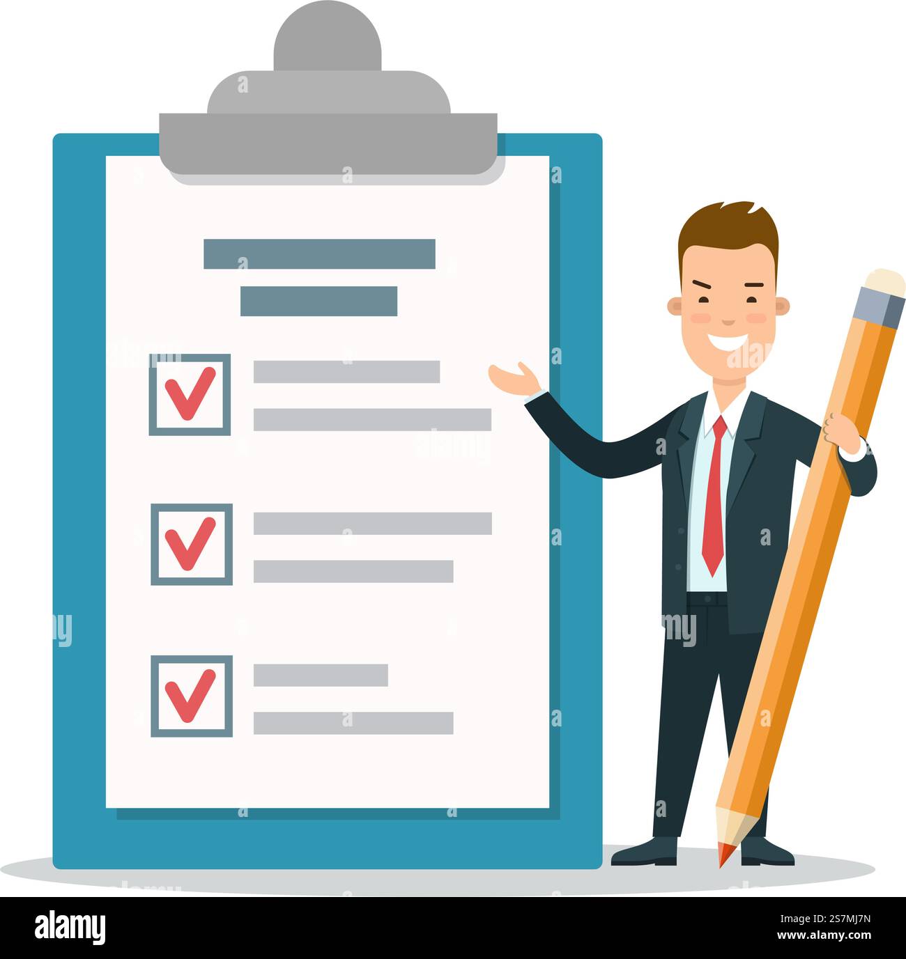 Flat young smiley businessman near folder with task list, holding ...