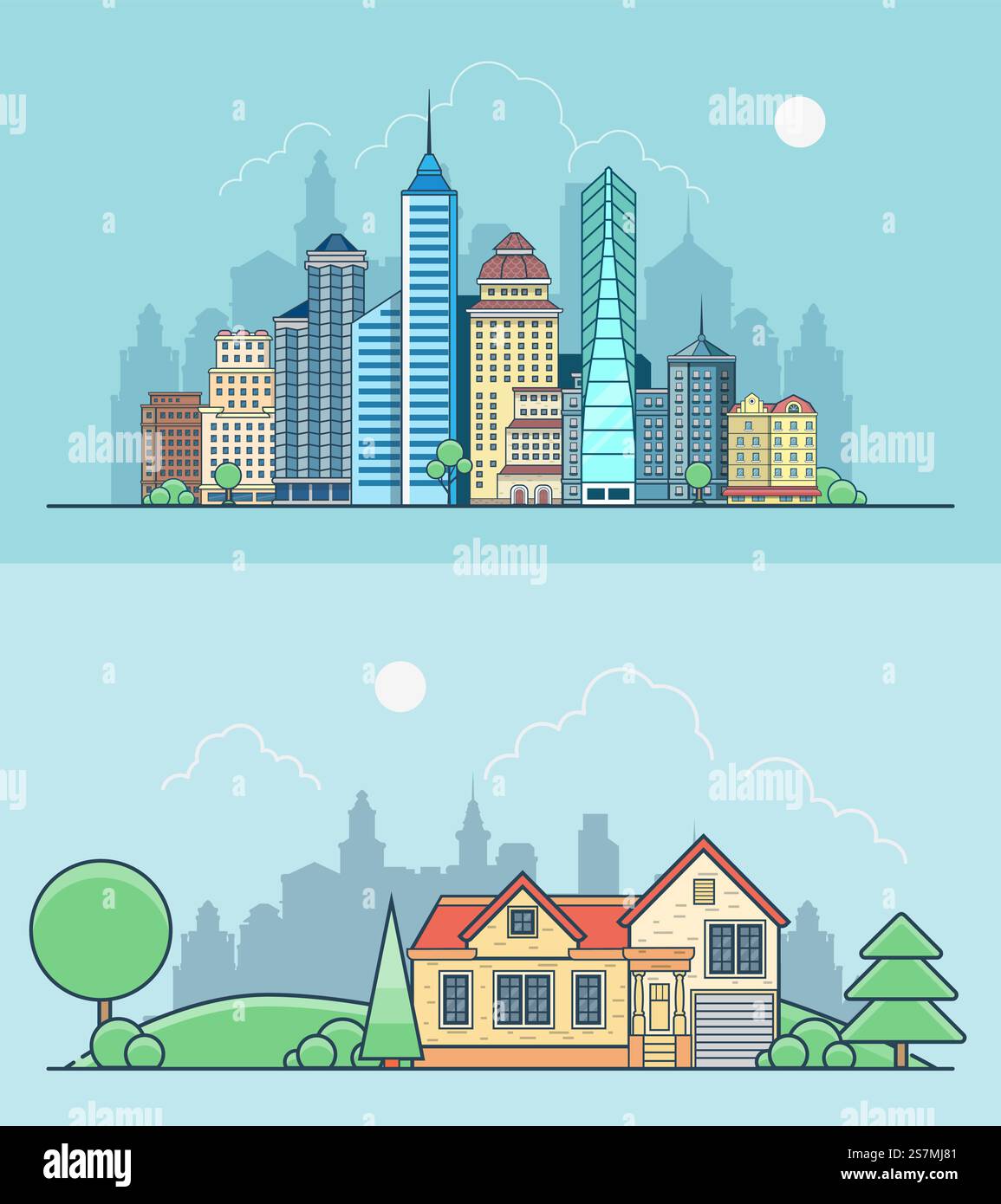 Linear Flat Buildings, skyscrapers, business center, offices and house ...