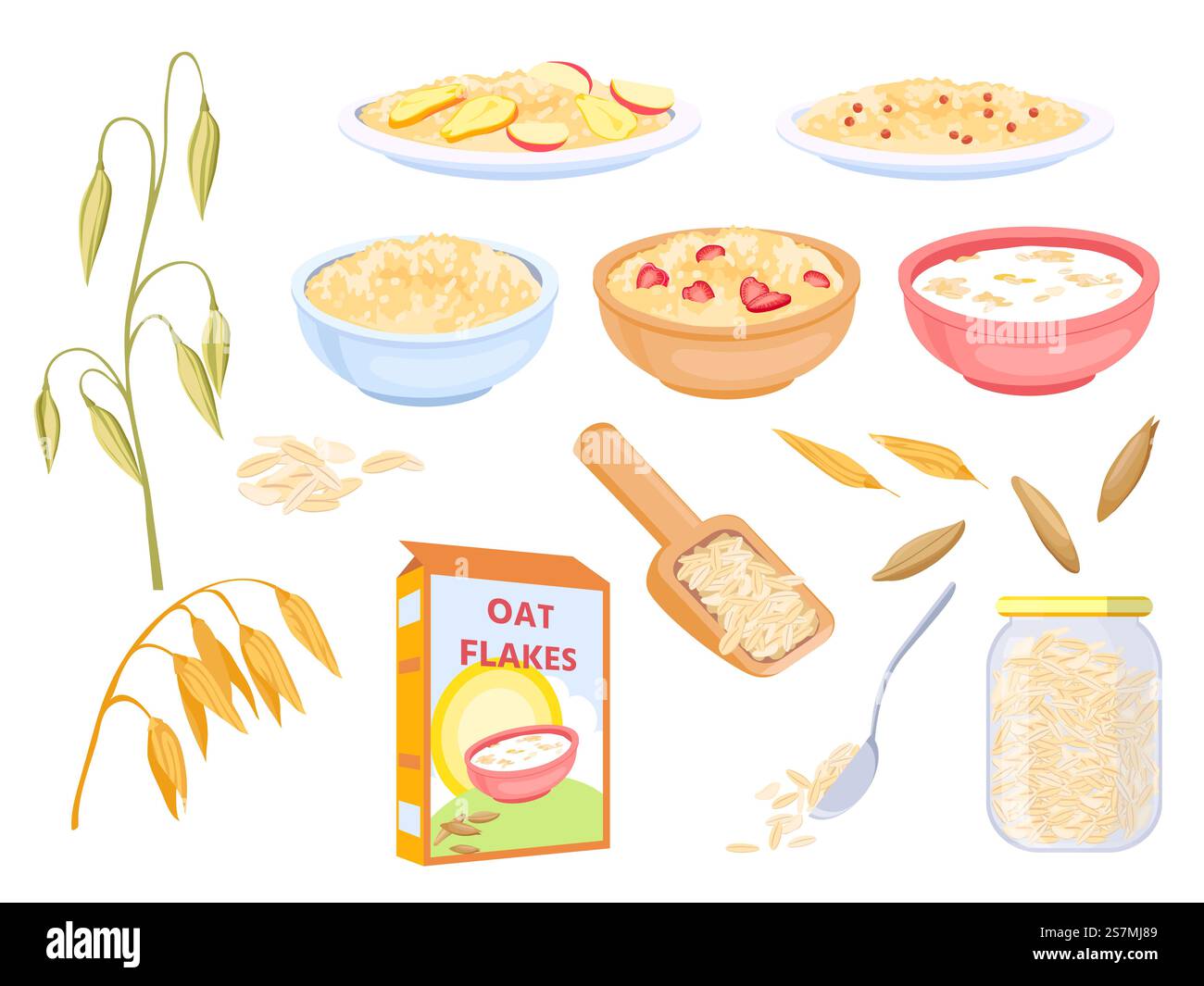 Cartoon oatmeal breakfast cereals, sweet flakes and grains. Oat plant ...