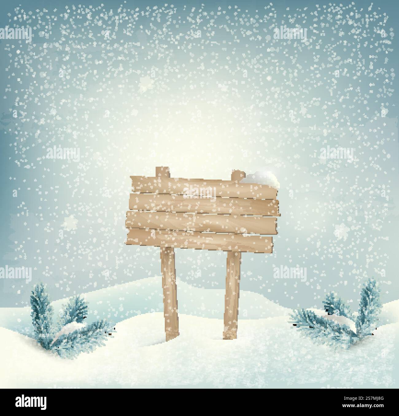 Christmas winter background with Wooden sign and landscape. Vector ...