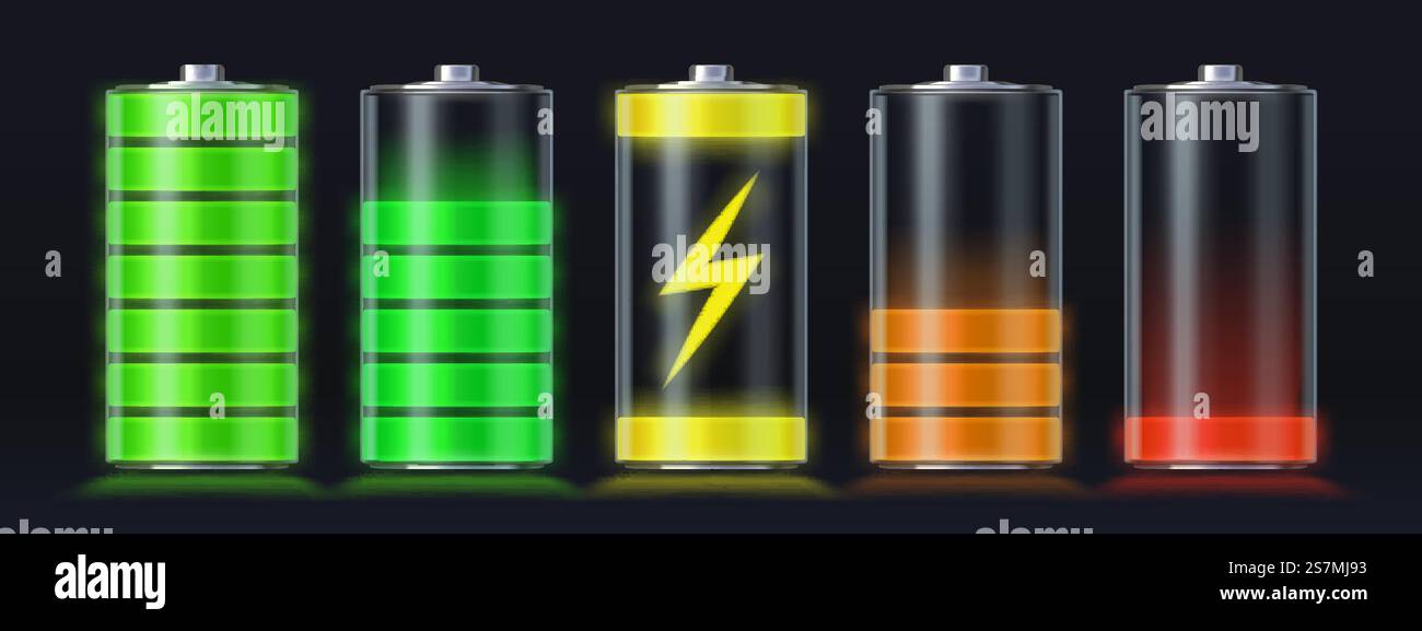Realistic battery charging empty to full energy level. Glowing ...
