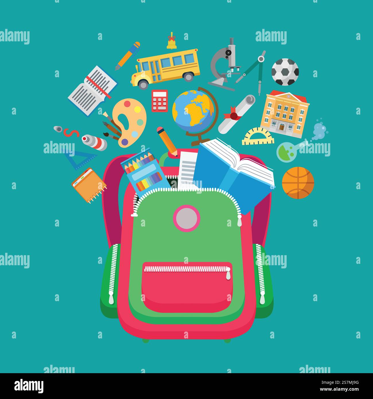 Flat conceptual backpack with educational school objects types vector illustration. Education ...