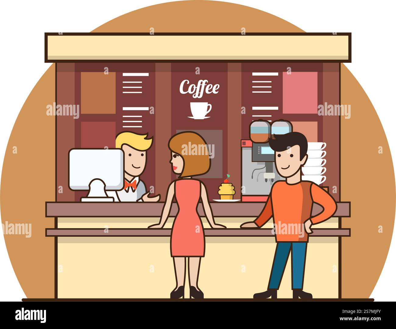Linear Flat Customers in coffee shop line choosing drinks vector ...