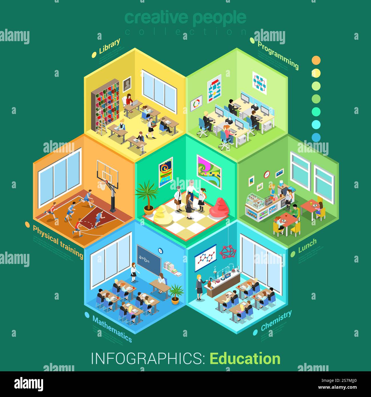 Flat isometric school or college classroom interior cells vector ...