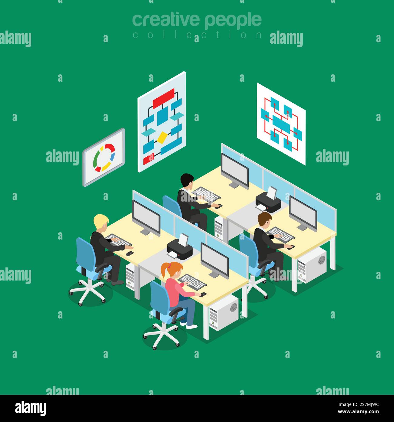 Isometric flat software developers and engineers office room vector illustration. Technology 3d ...