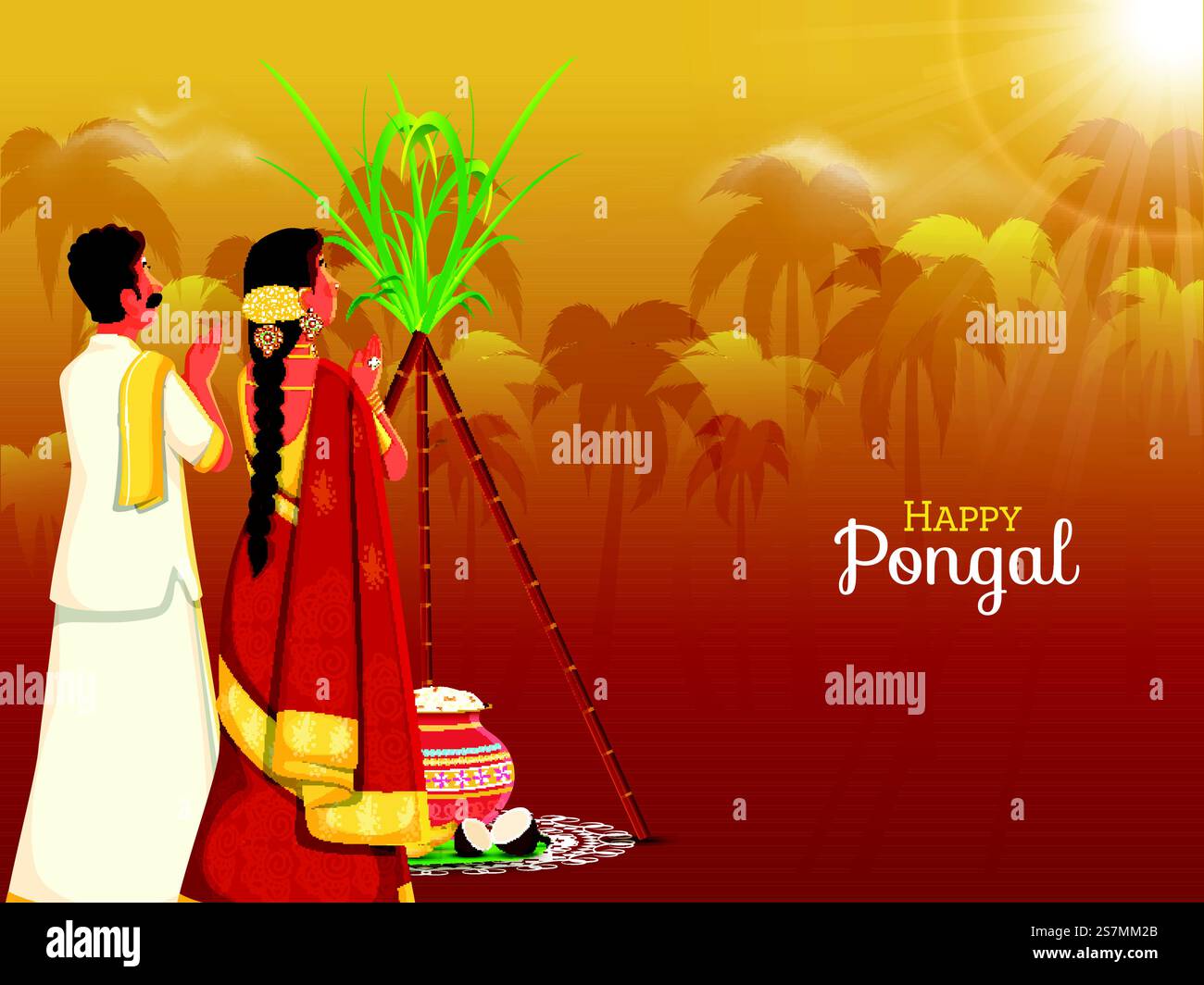 South Indian Couple Doing Surya (Sun) Worship With Sugarcane, Fruits ...