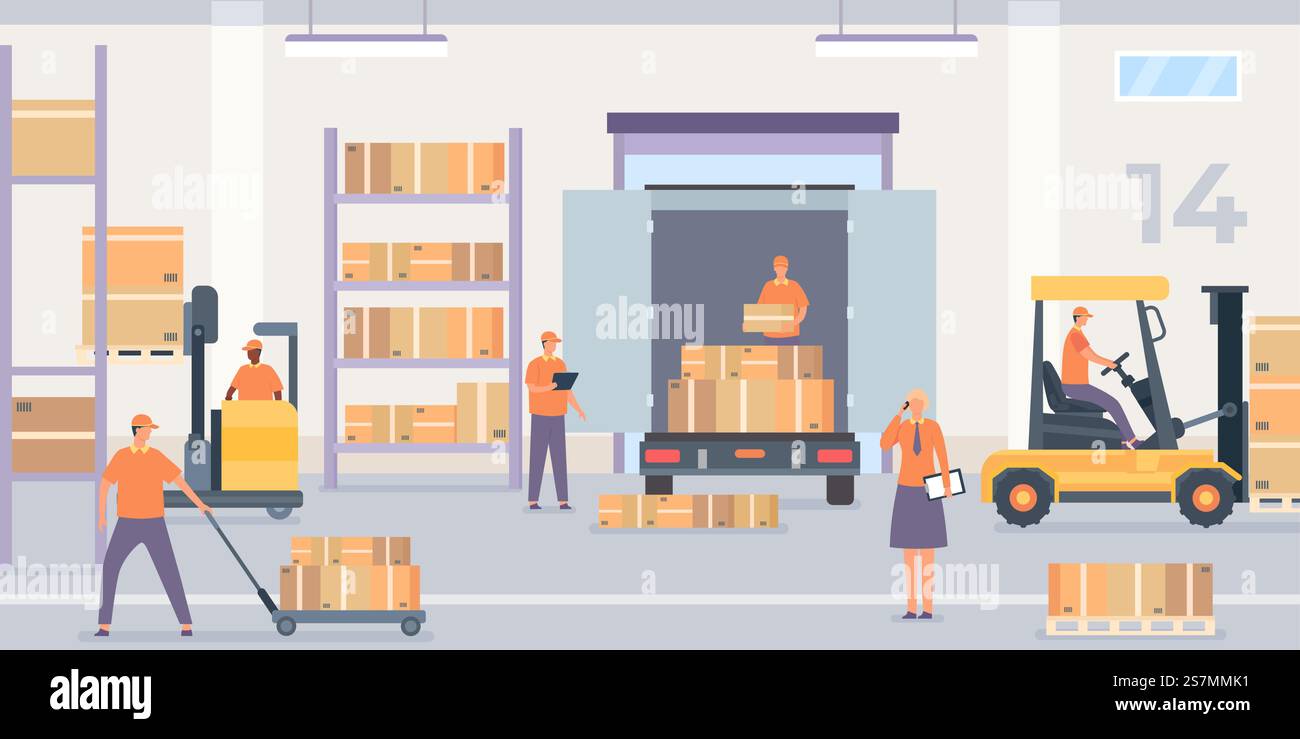 Warehouse interior. Rack and shelf with parcel boxes, workers and ...