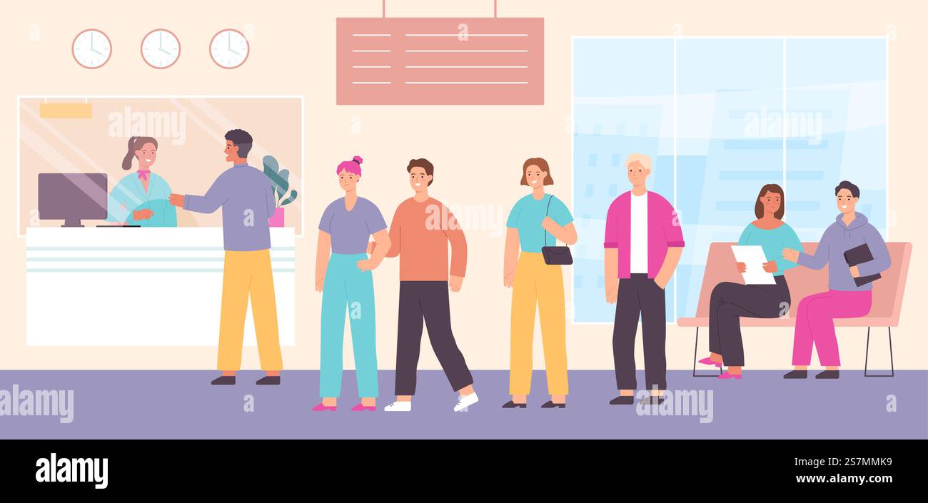 Queue to bank cashier. Customers wait in line to cash desk with clerk ...